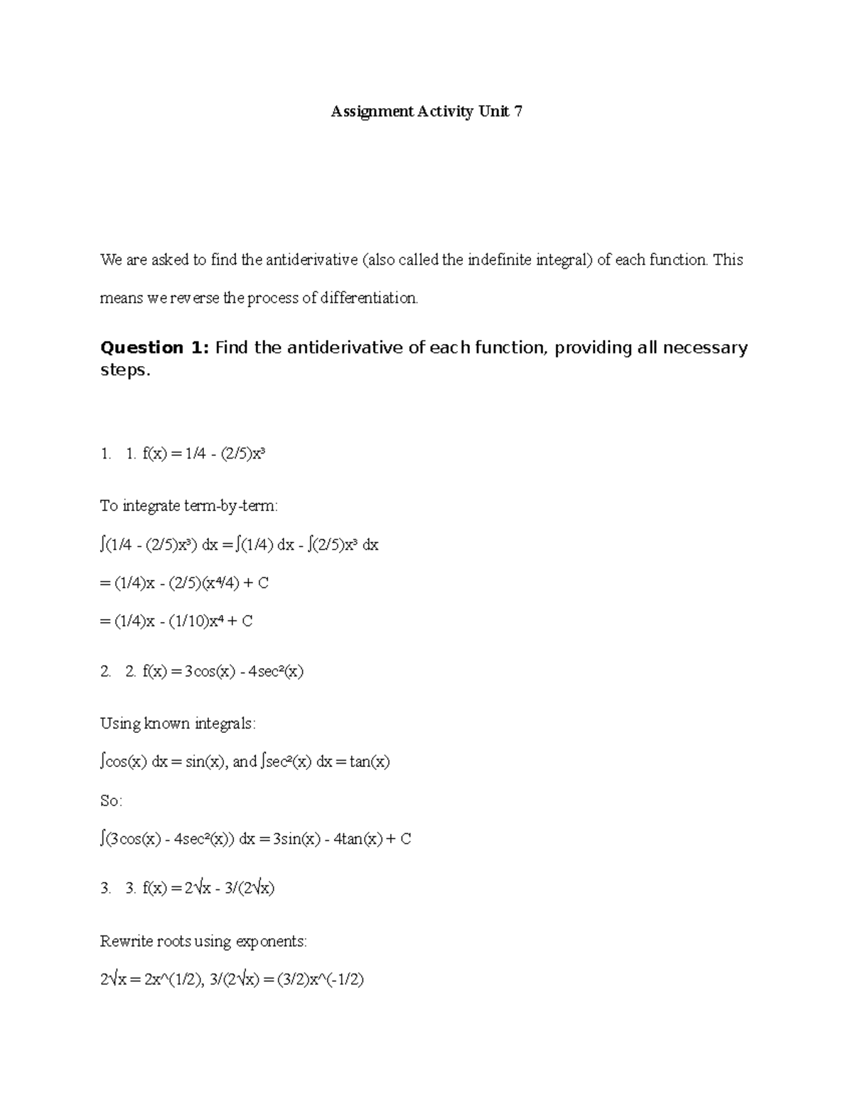 Unit 7 Assignment: Finding Antiderivatives and Evaluating Integrals ...