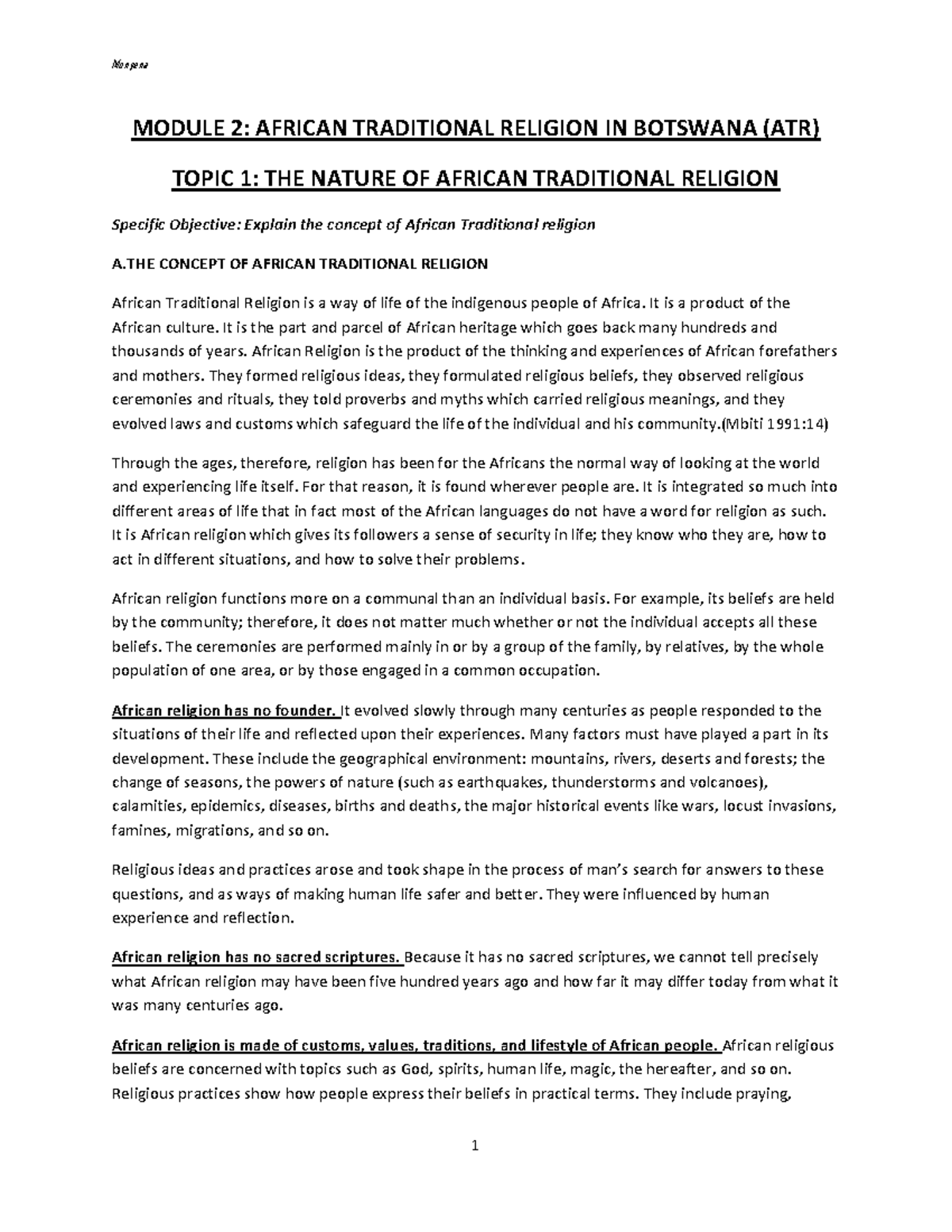 Mod 2 - Class Notes on African Traditional Religion (ATR) in Botswana ...