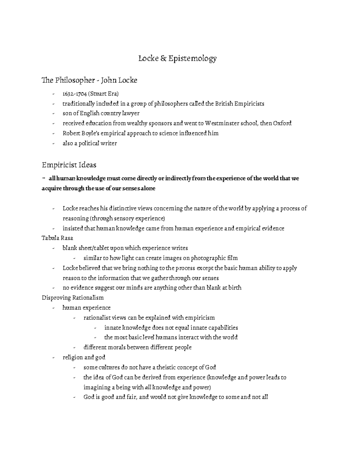 Epistemology Notes: John Locke's Empiricism and Philosophy - Studocu