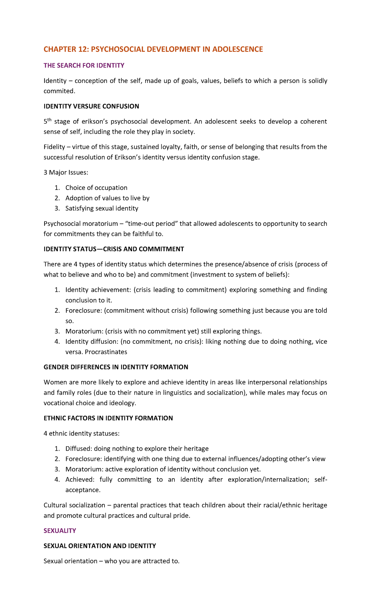 CHAPTER 12: PSYCHOSOCIAL DEVELOPMENT IN ADOLESCENCE - IDENTITY ...
