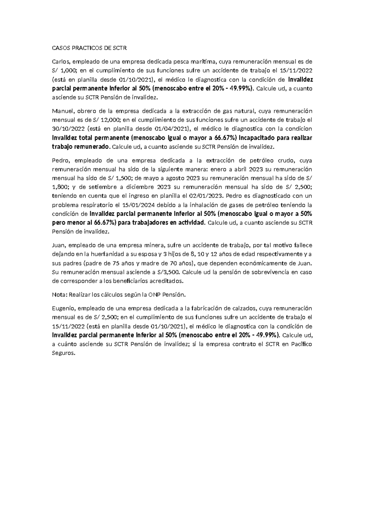 Casos Prácticos SCTR: Cálculo de Pensiones por Invalidez y Sobrevivencia - Studocu