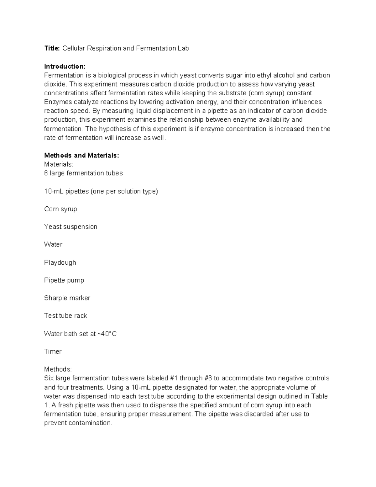 Lab 4 Lab report - Cellular respiration and fermentation lab - Title ...