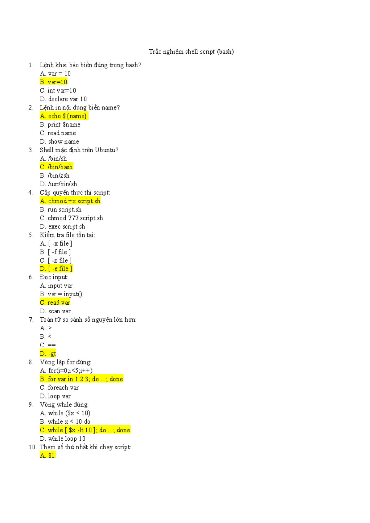 Trắc Nghiệm Shell Script (Bash) - Tài Liệu Học Tập - Studocu