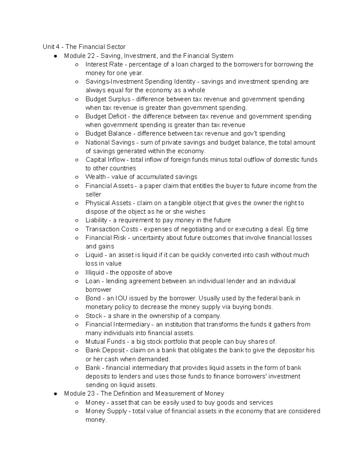 Unit 4 Notes: Financial Sector Concepts and Key Terms Overview - Studocu