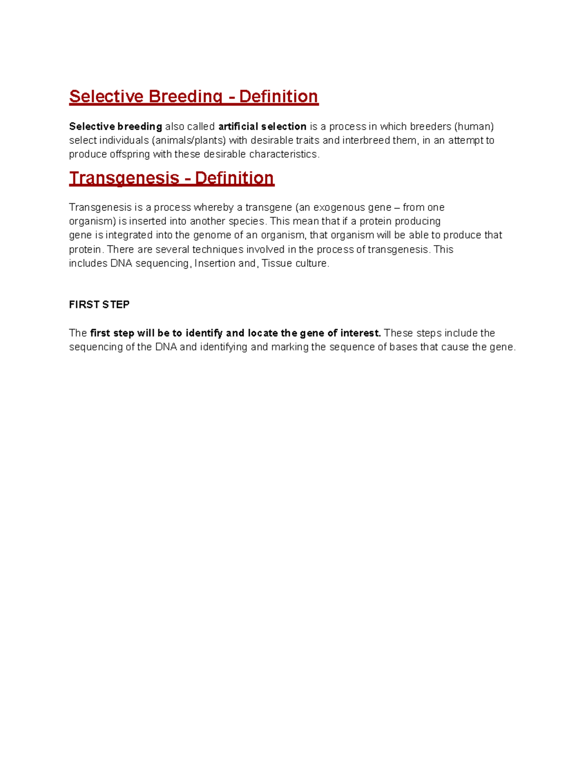 Bio - Level 3 Genetic Transfer last min notes - Selective Breeding ...