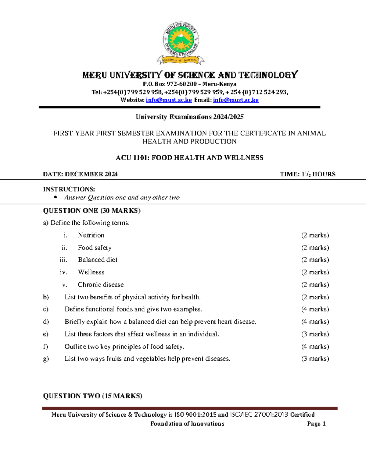 ACU 1101 Final Exam: Food Health and Wellness Guide - Studocu