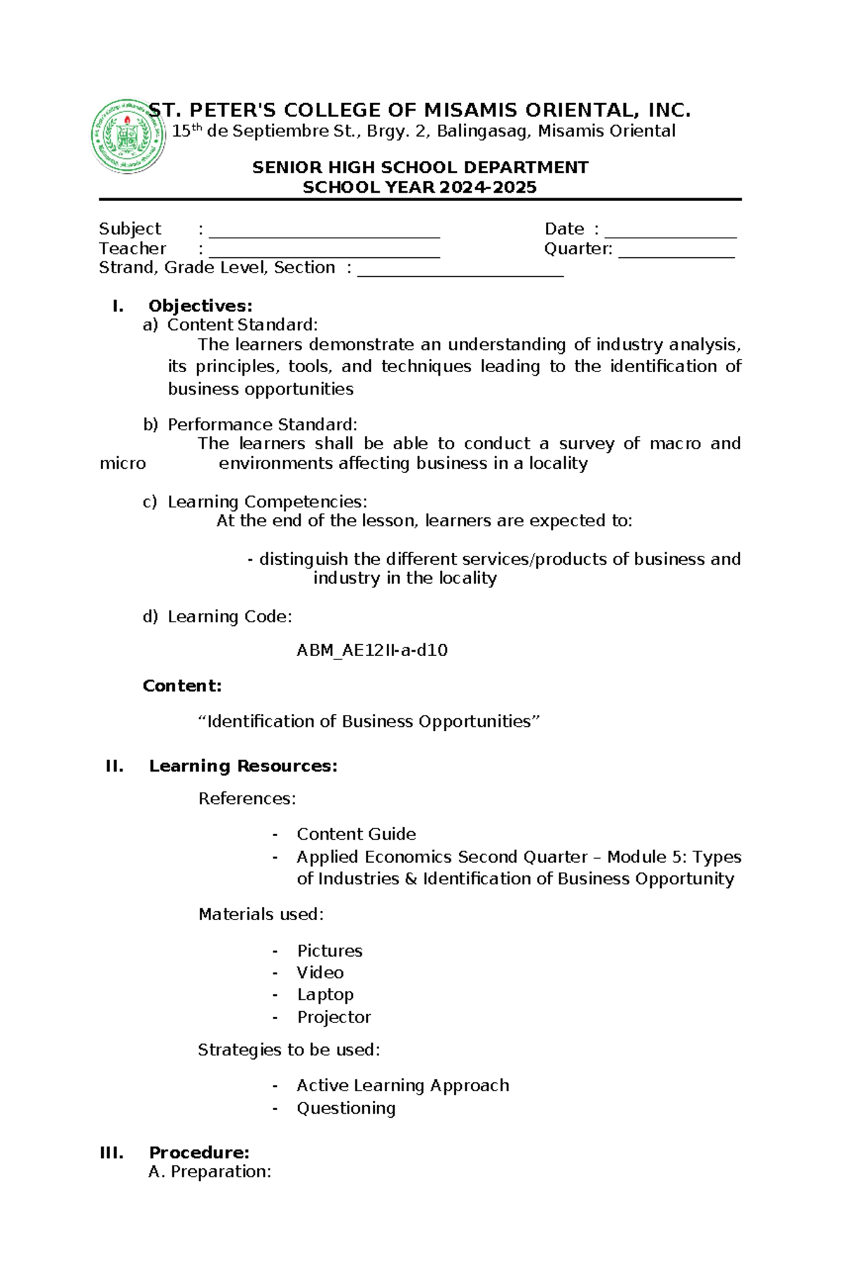 Lesson Plan 10: Identifying Business Opportunities in Applied Economics ...