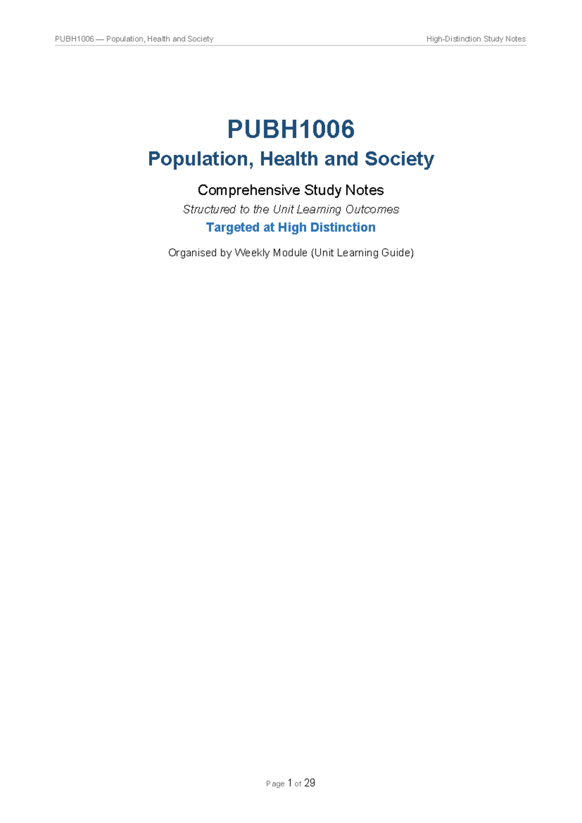 PUBH1006 Comprehensive Study Notes: Population, Health, and Society ...