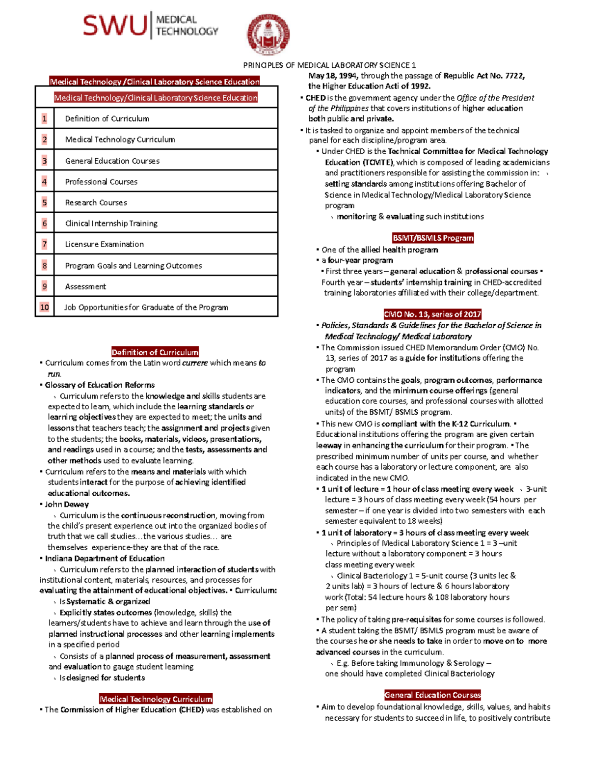 Principles of Medical Technology/Clinical Lab Science Education (BSMT ...