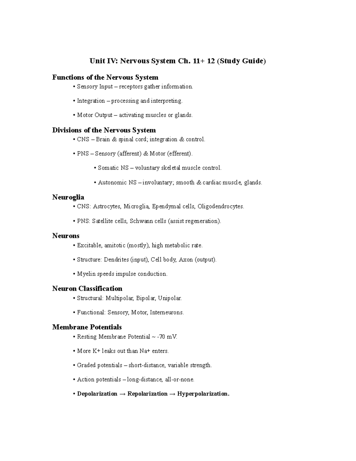 Unit IV: Nervous System Study Guide - Studocu