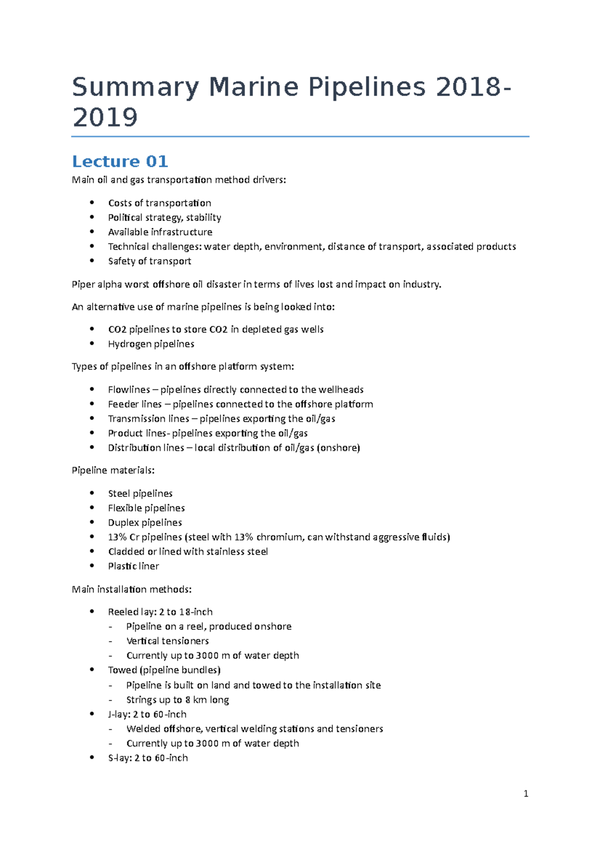 Marine Pipelines Summary: Key Concepts and Challenges (2018-2019 ...