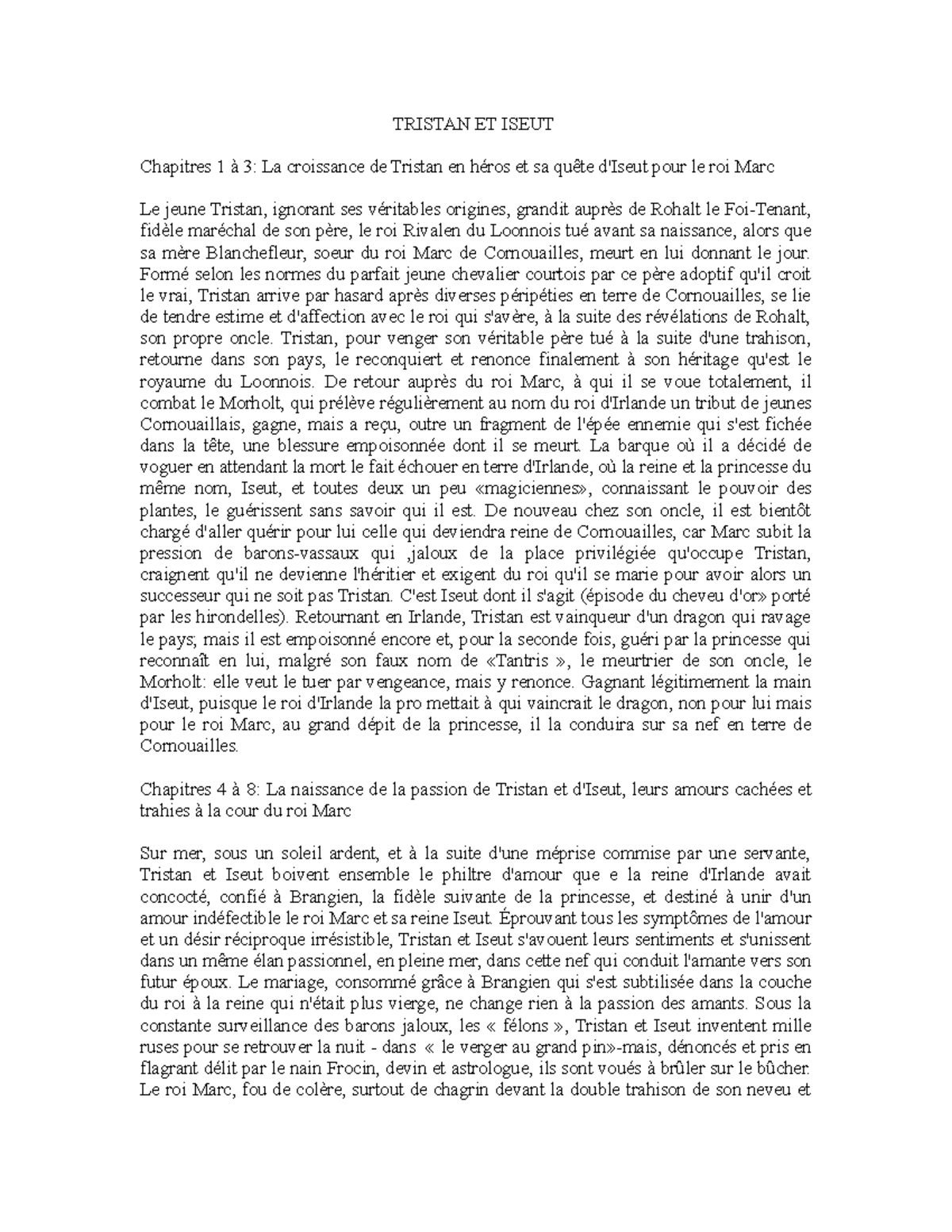 Résumé des Chapitres de Tristan et Iseut: Analyse et Réflexion - Studocu