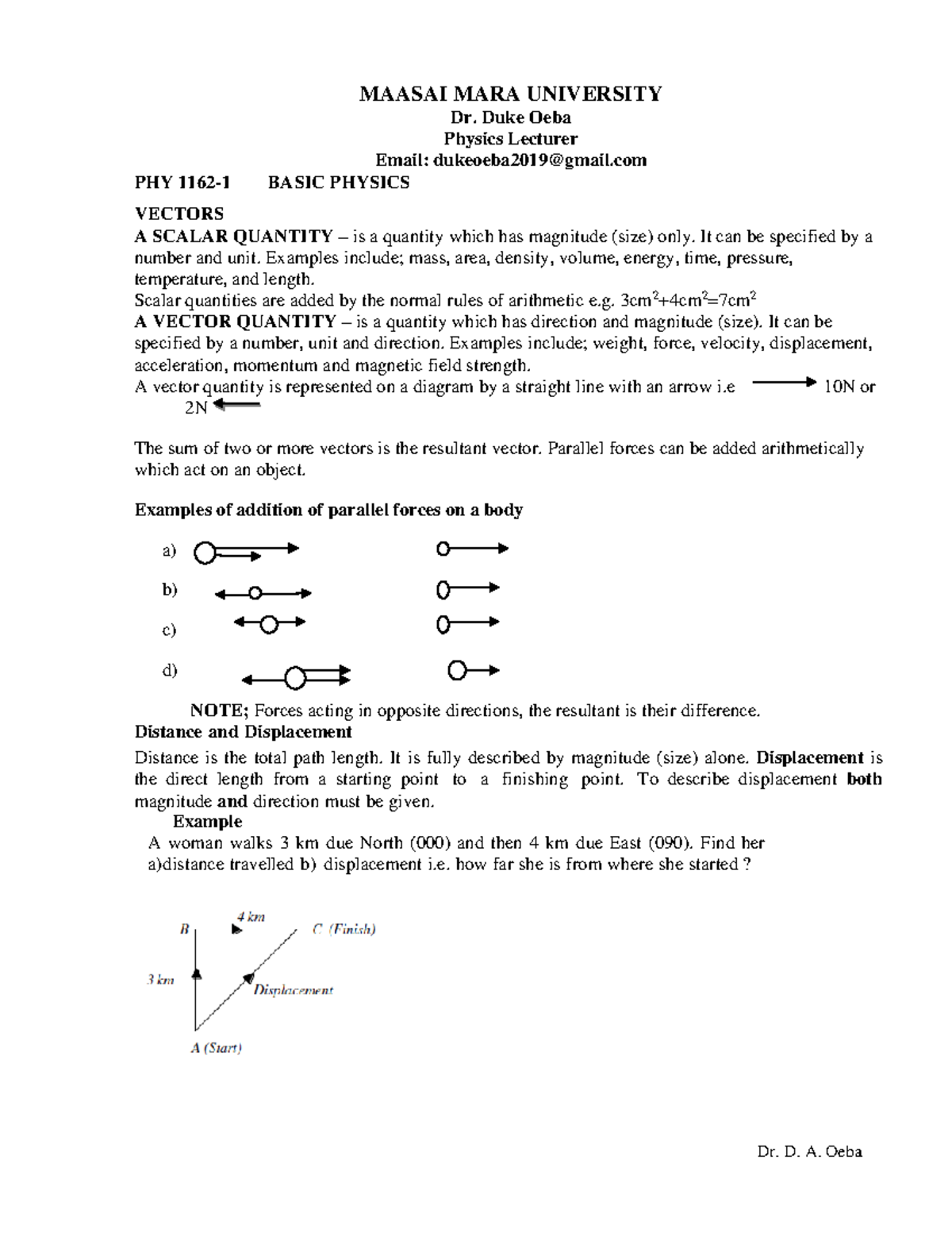 PHY 1162- Basic Physics Lecture Notes: Vectors and Motion Concepts ...