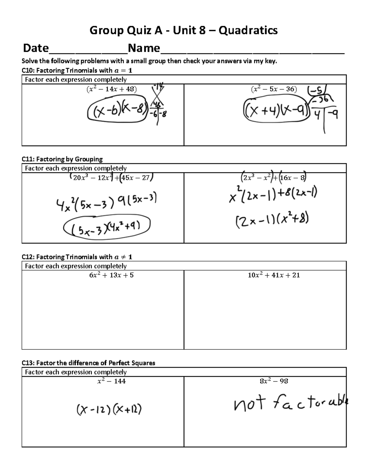 Unit 8 Group Quiz 1: Solving Quadratics in Algebra 1 - Studocu