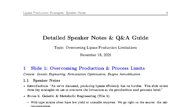 Detailed Speaker Notes and QA - Lipase Production Strategies: Speaker ...