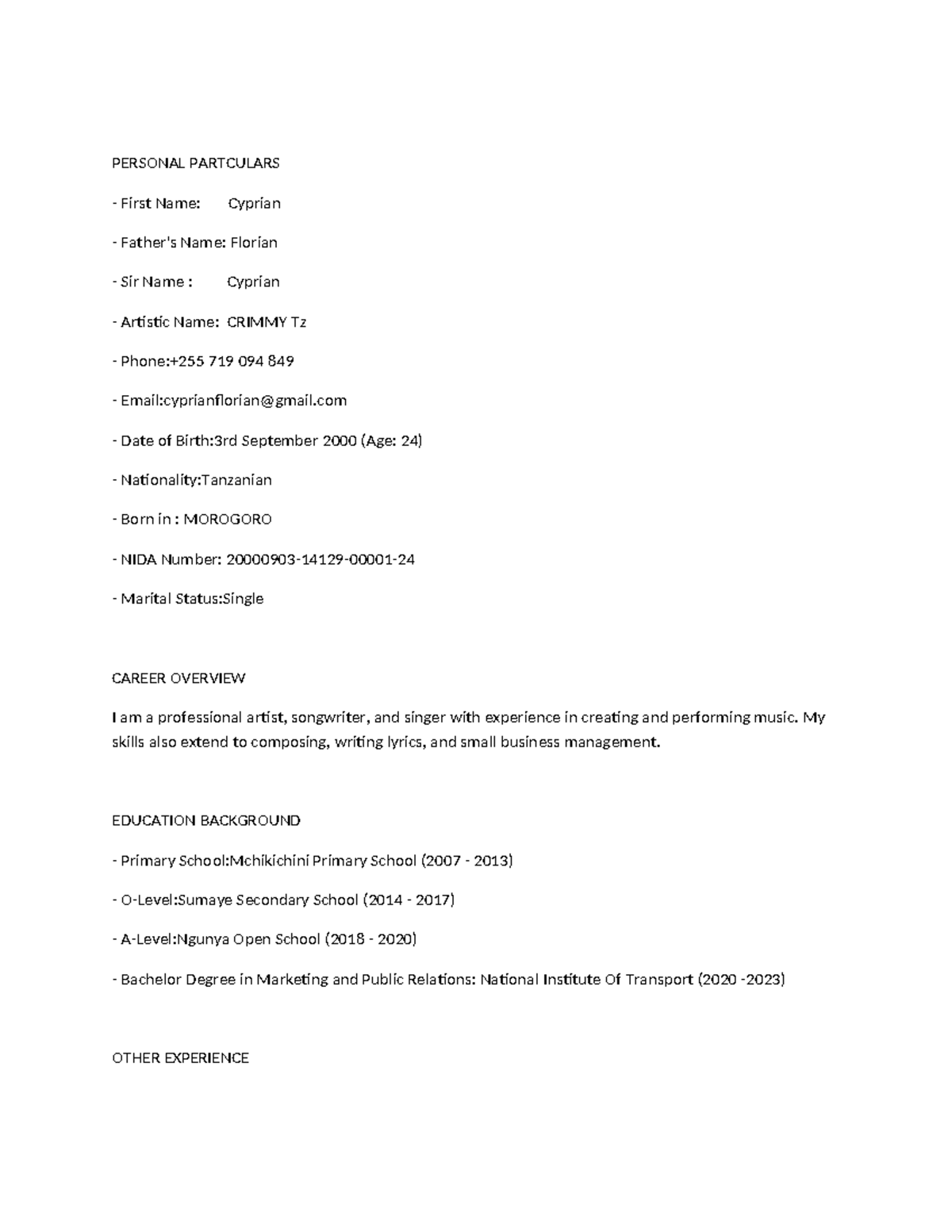MY CV - Cyprian Florian (Tz 719 094 849) - Studocu