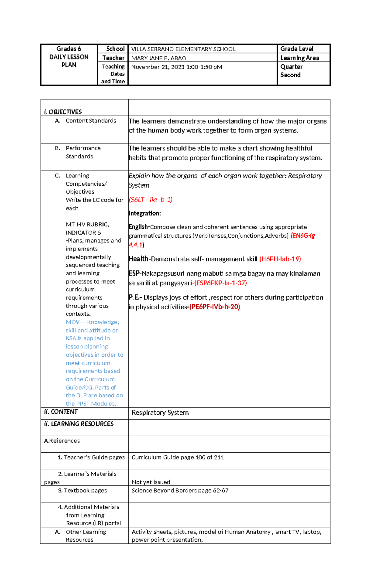 COT DLP Science 6- Respiratory SYStem - Grades 6 DAILY LESSON PLAN School VILLA SERRANO ...