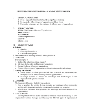 Lesson PLAN IN Business Ethics - LESSON PLAN IN BUSINESS ETHICS ...