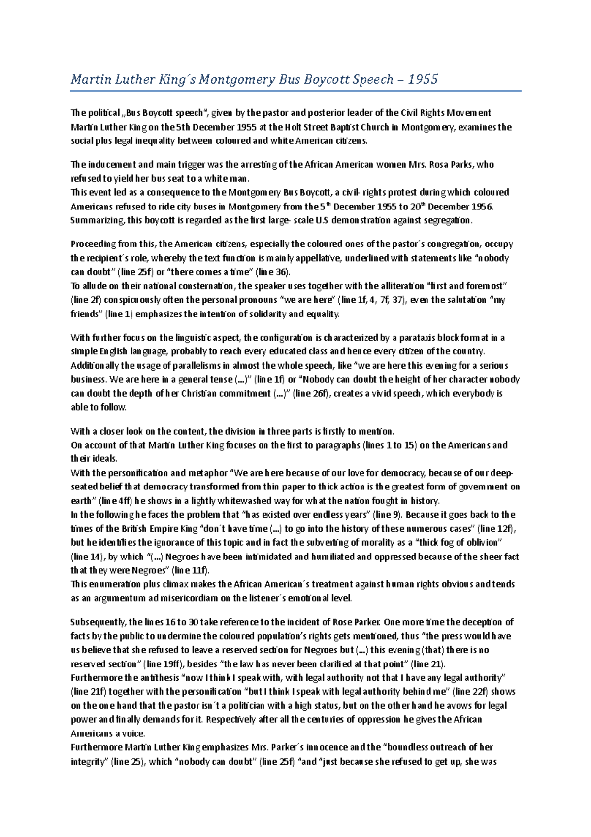 MLK’s Montgomery Bus Boycott Speech Analysis – 1955 Insights - Studocu