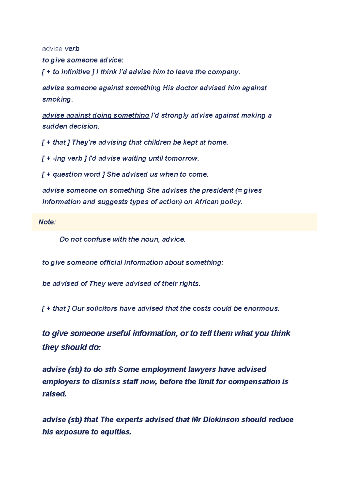 Advise Verb: Understanding Usage and Context - Studocu