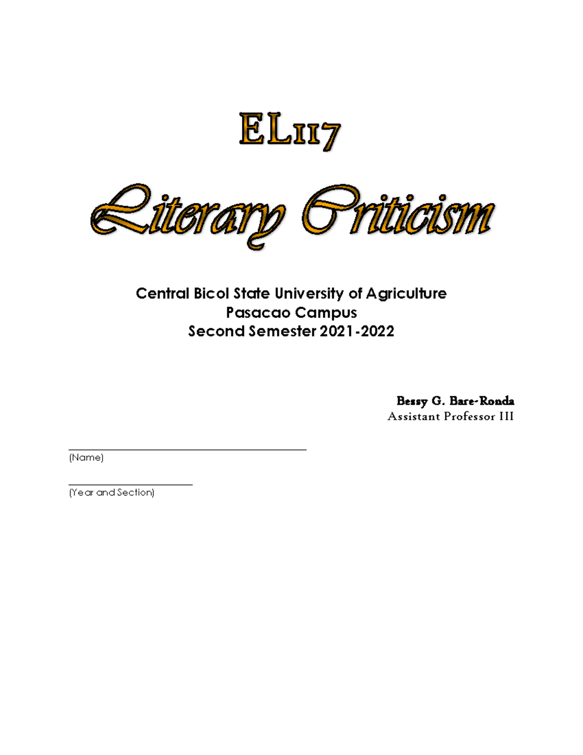 EL117-Literary-Criticism-Weeks-1-5-Lecture-Notes-Overview - Studocu