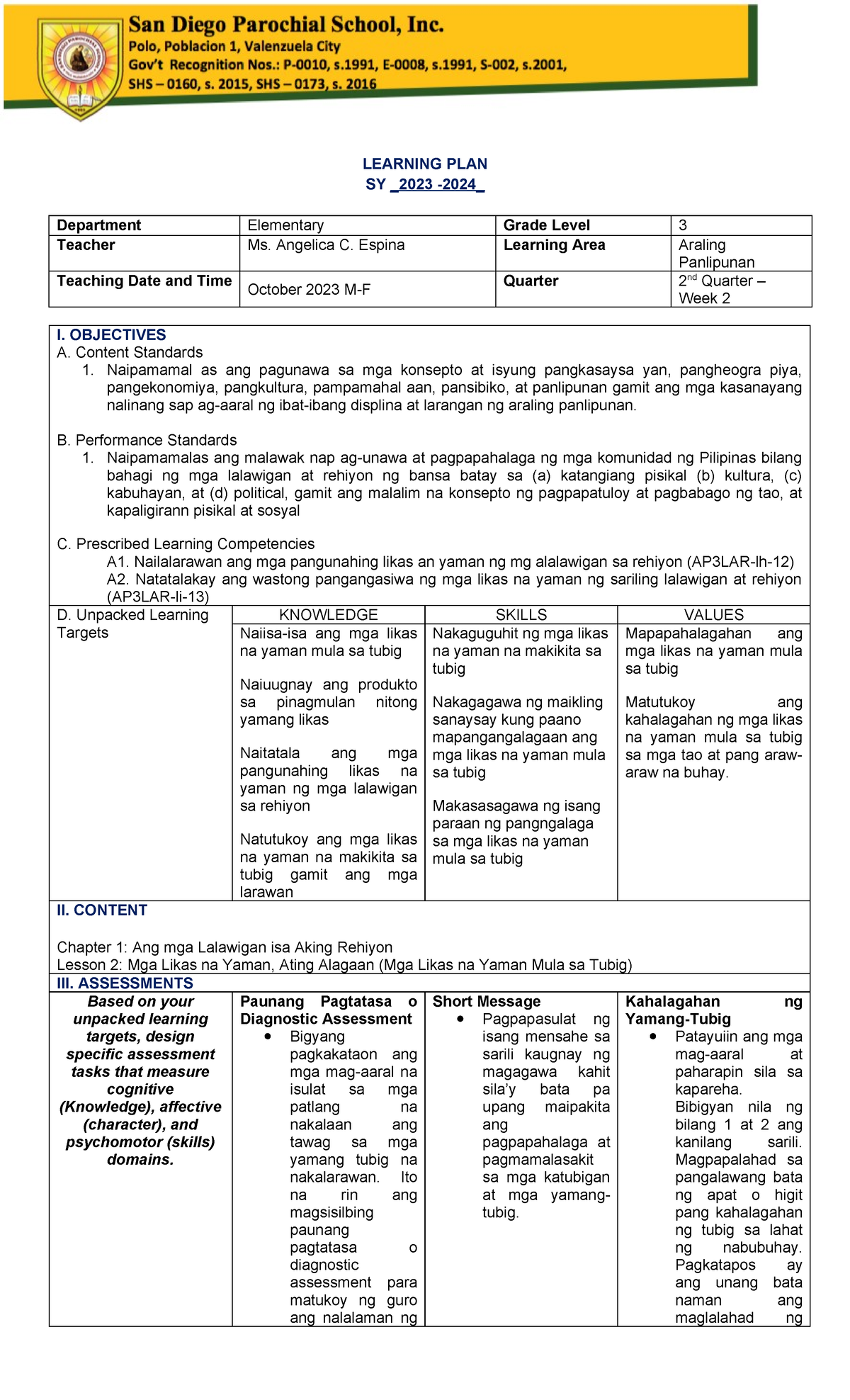 DLP AP3 Second Grading Lesson 2: Likas na Yaman Mula sa Tubig - Studocu
