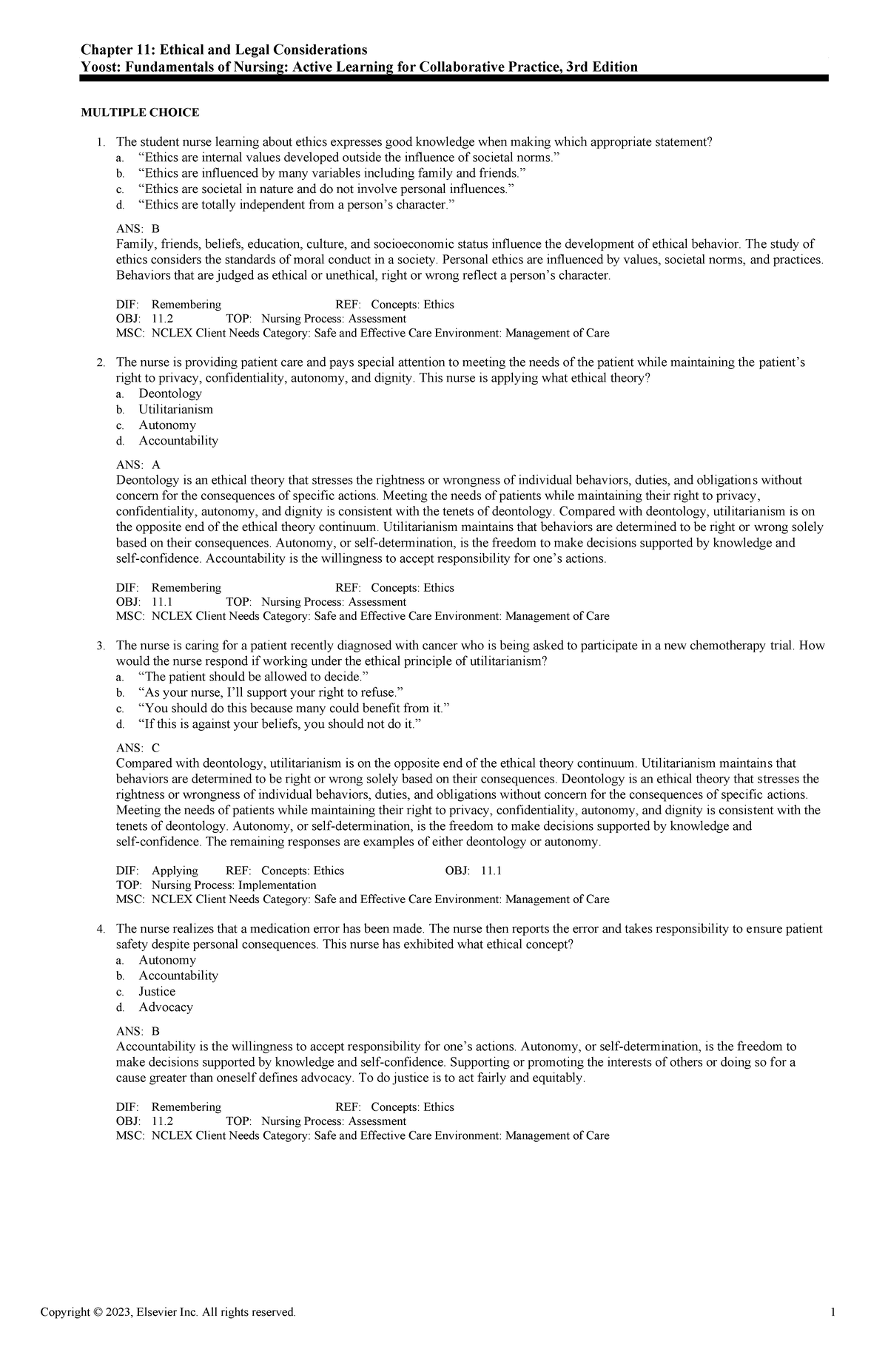 Yoost NUR 211: Exam Review - Chapter 11 Ethical & Legal Considerations ...