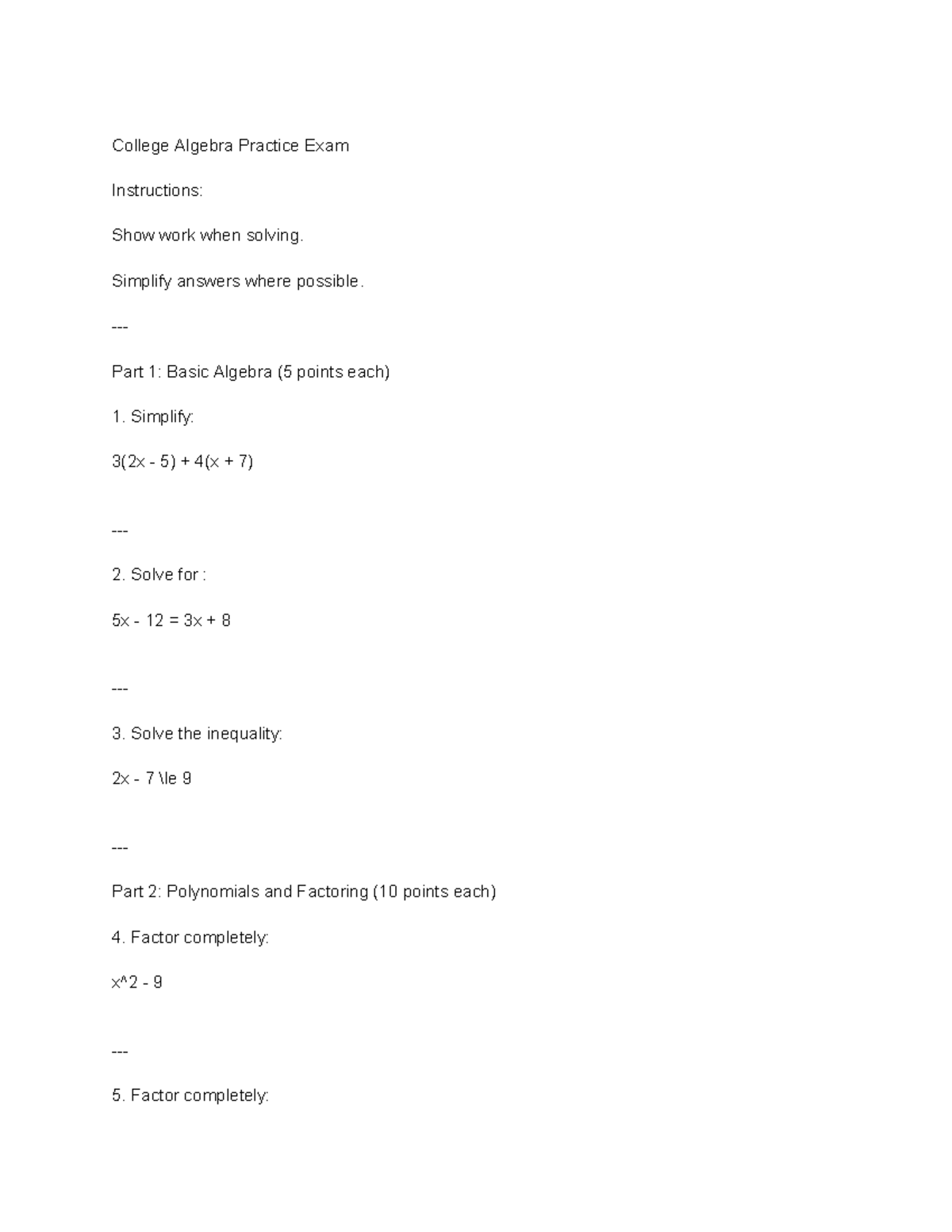 College Algebra Practice Exam: Practice Questions & Solutions - Studocu