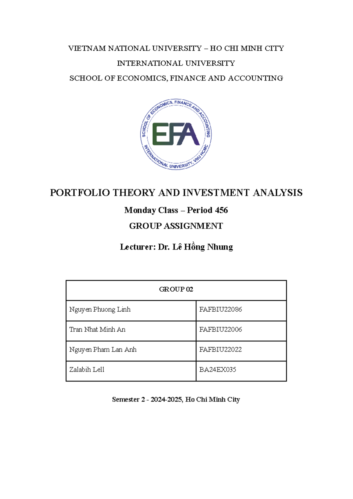 Portfolio Theory and Investment Analysis - Group 02 Report (FAFBIU22086 ...
