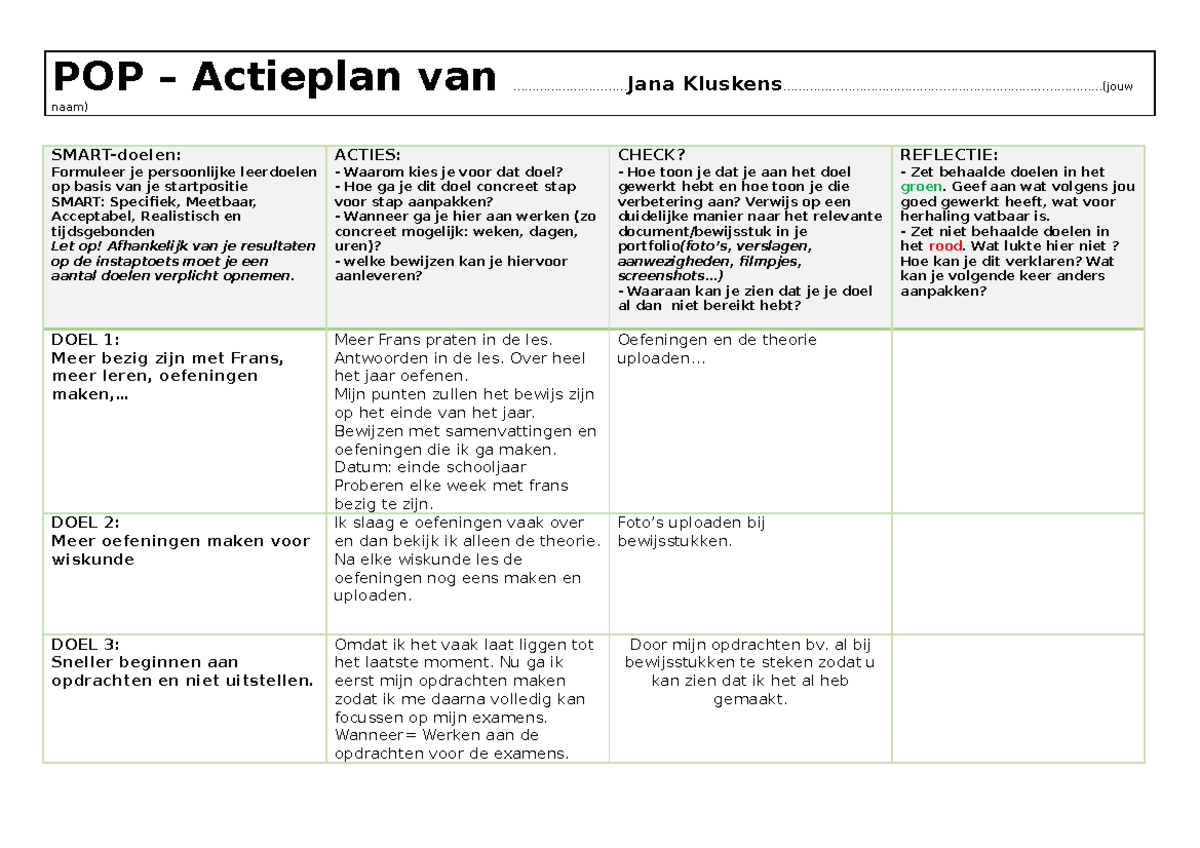 22 23 POP-Actieplan: SMART Doelen en Reflectie van Jana Kluskens - Studocu