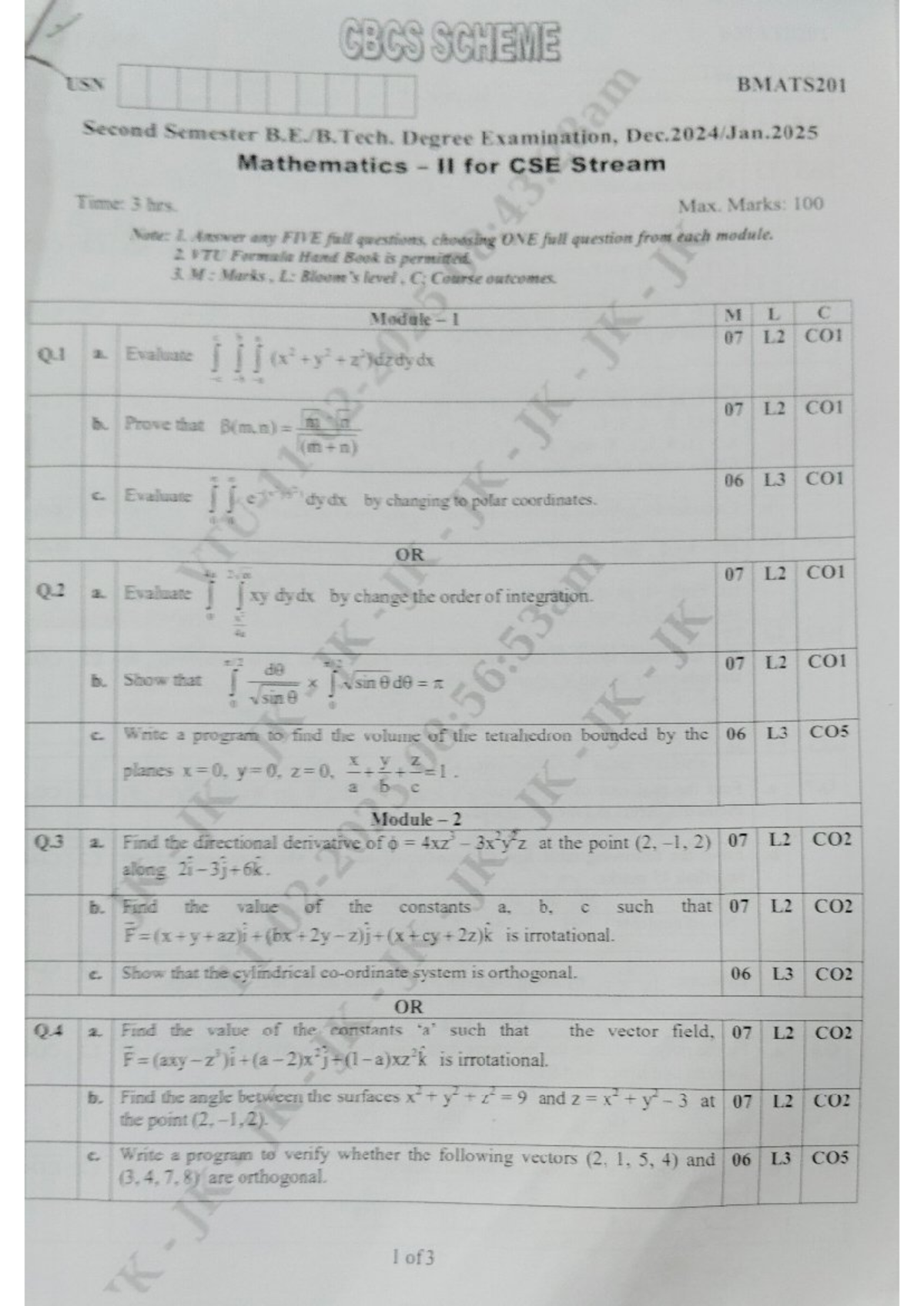 Mathematics II Exam Paper - BMATS201 - Second Semester Degree ...