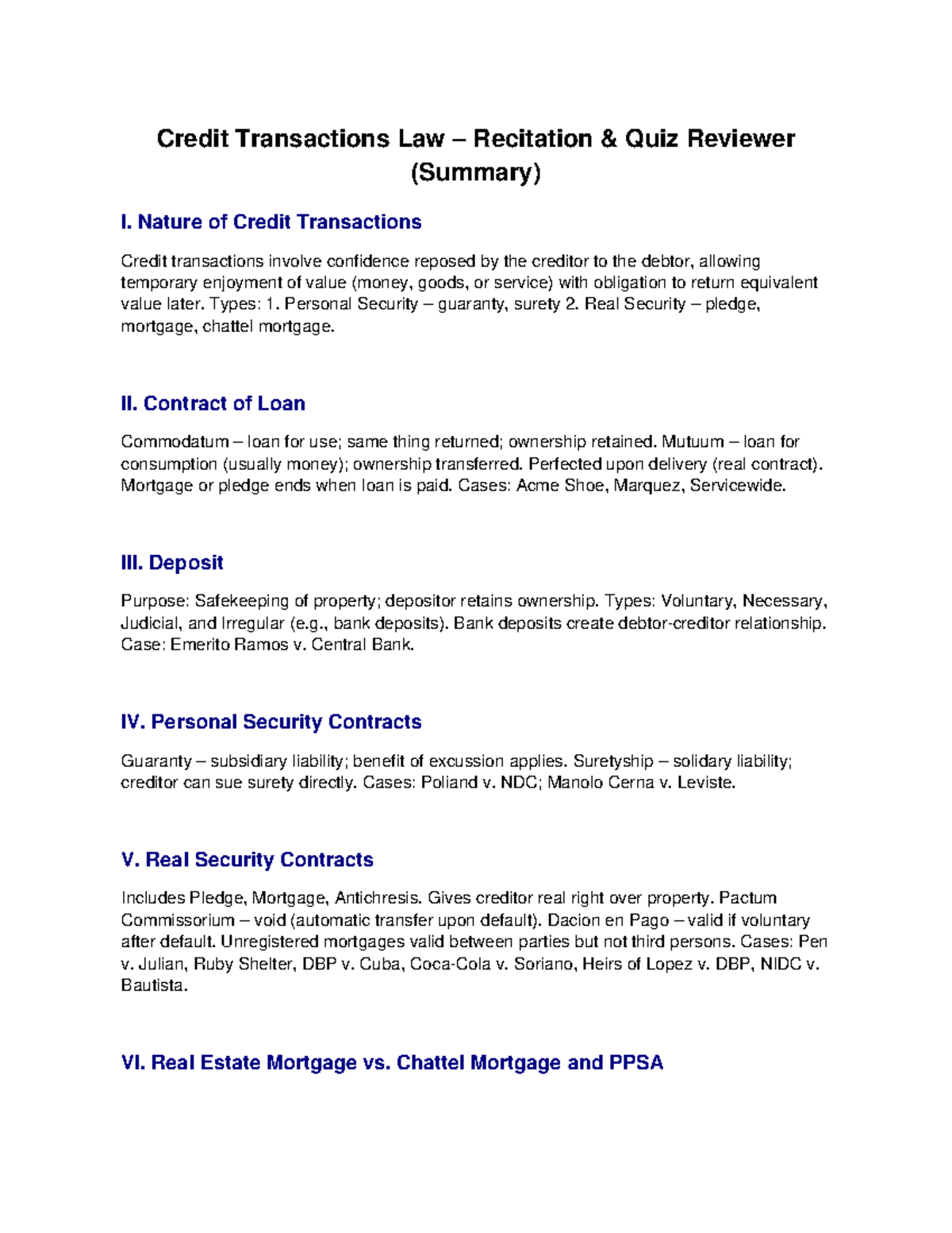 Credit Transactions Law Recitation Quiz Reviewer Summary - Studocu
