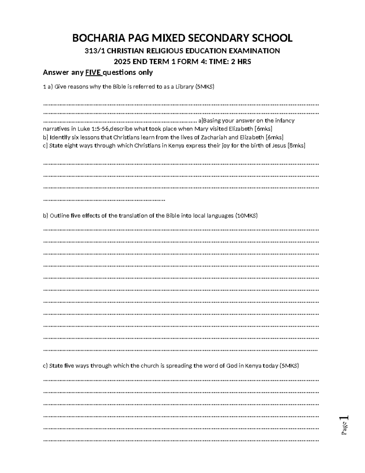 2025 CRE FORM 4 END TERM 1 EXAMINATION QUESTIONS - Studocu