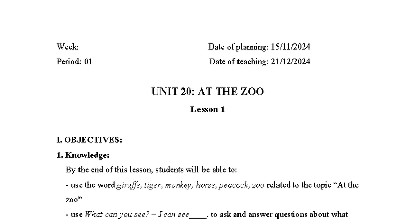 Unit 20: At the Zoo - Lesson 1 Teaching Plan - Studocu