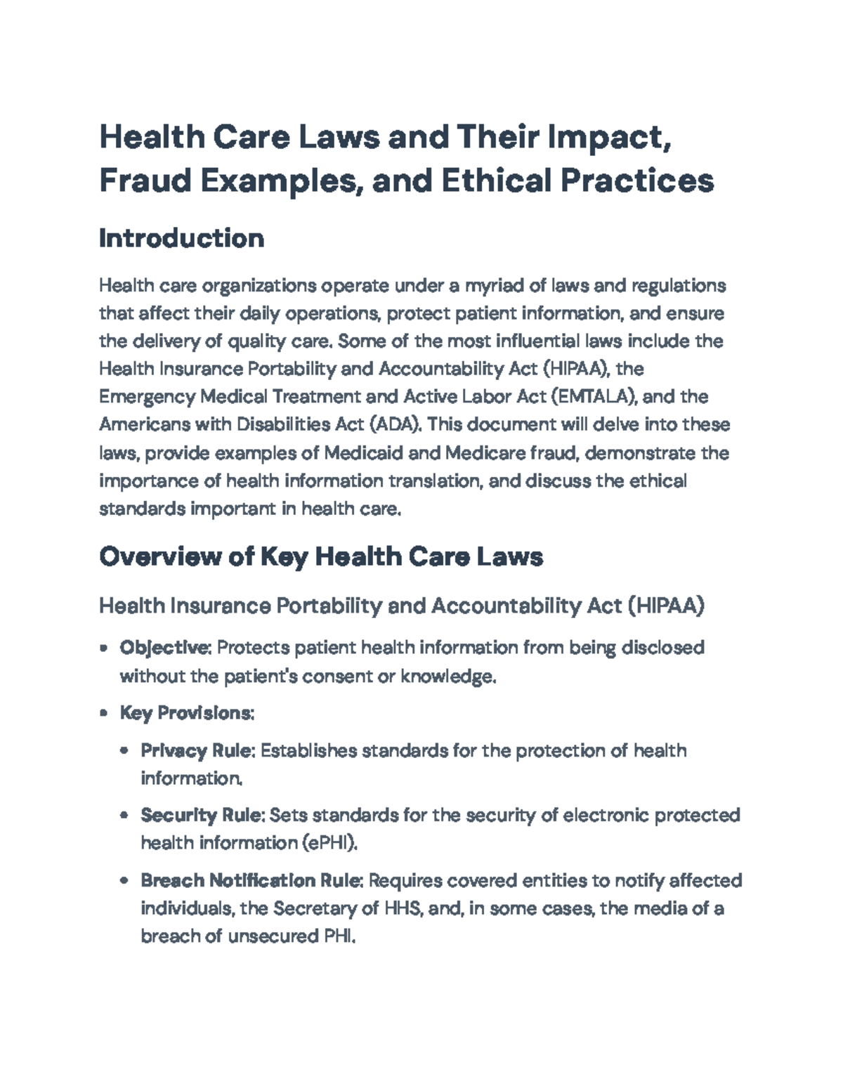 Health Care Laws, Fraud Examples, and Ethical Practices Overview ...