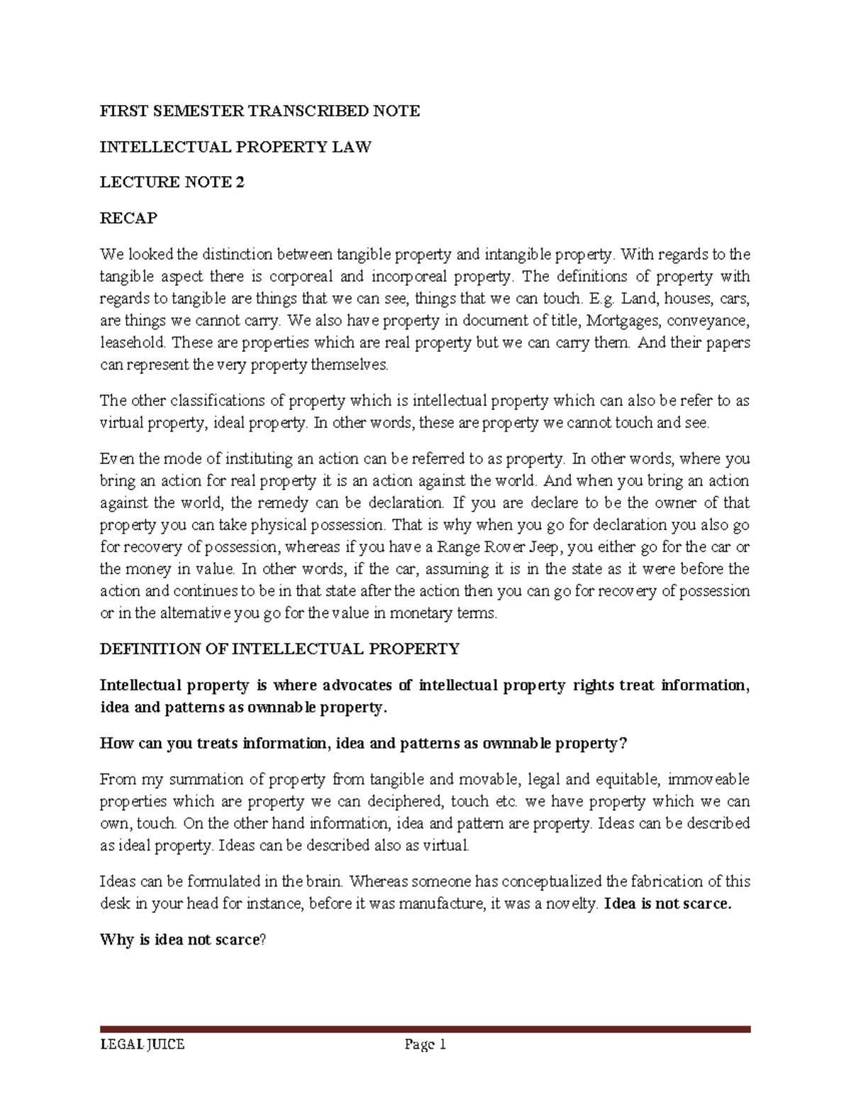 Intellectual Property Law Lecture Note 2: Tangible vs. Intangible ...