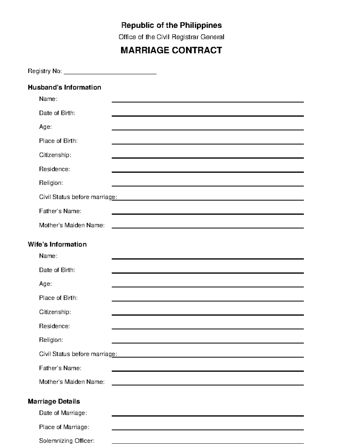 Marriage Contract Sample Form - Republic of the Philippines Office of ...