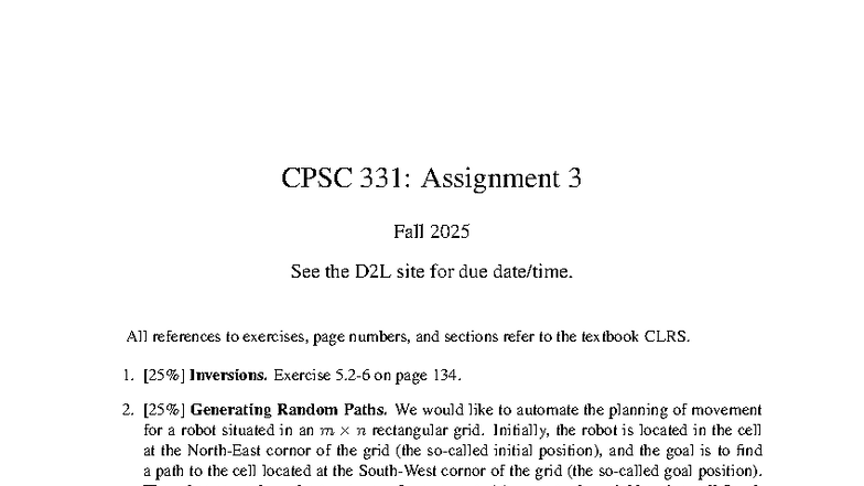 CPSC 331: Assignment 3 - Random Path Generation Techniques - Studocu