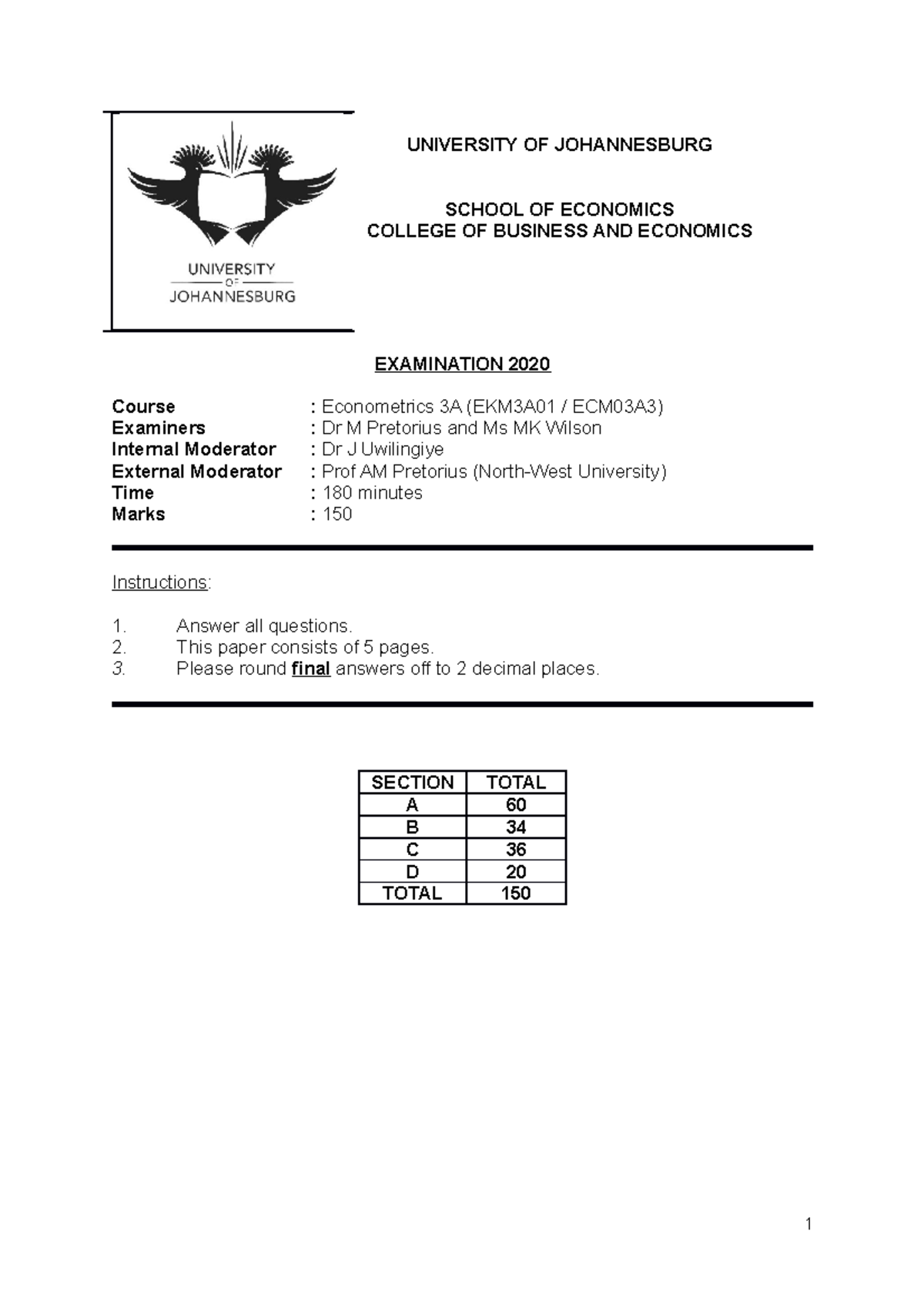 Exam 2020 Memo - Past memorundum - UNIVERSITY OF JOHANNESBURG SCHOOL OF ...