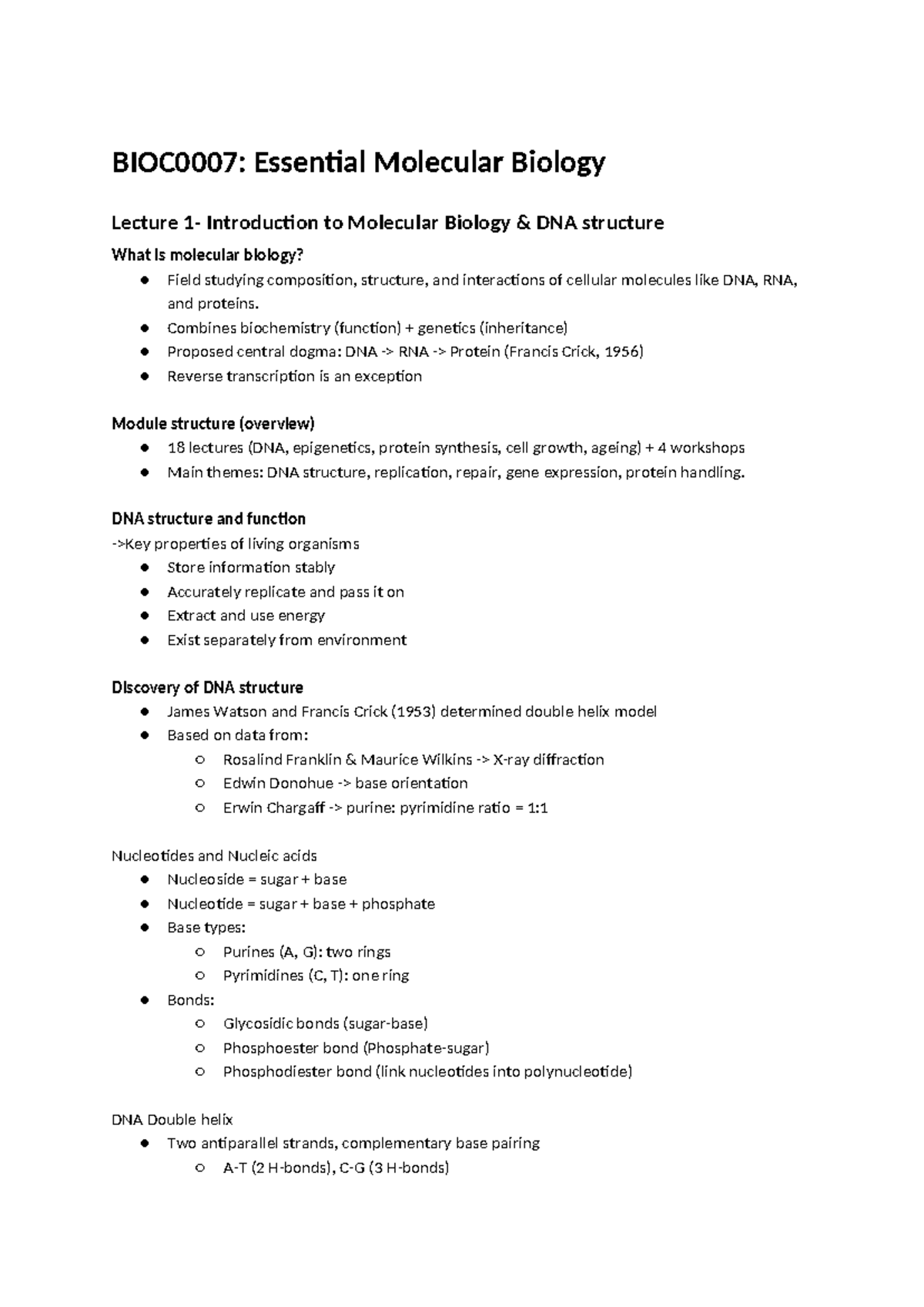 BIOC0007 Essential Molecular Biology Lecture: DNA Structure and ...