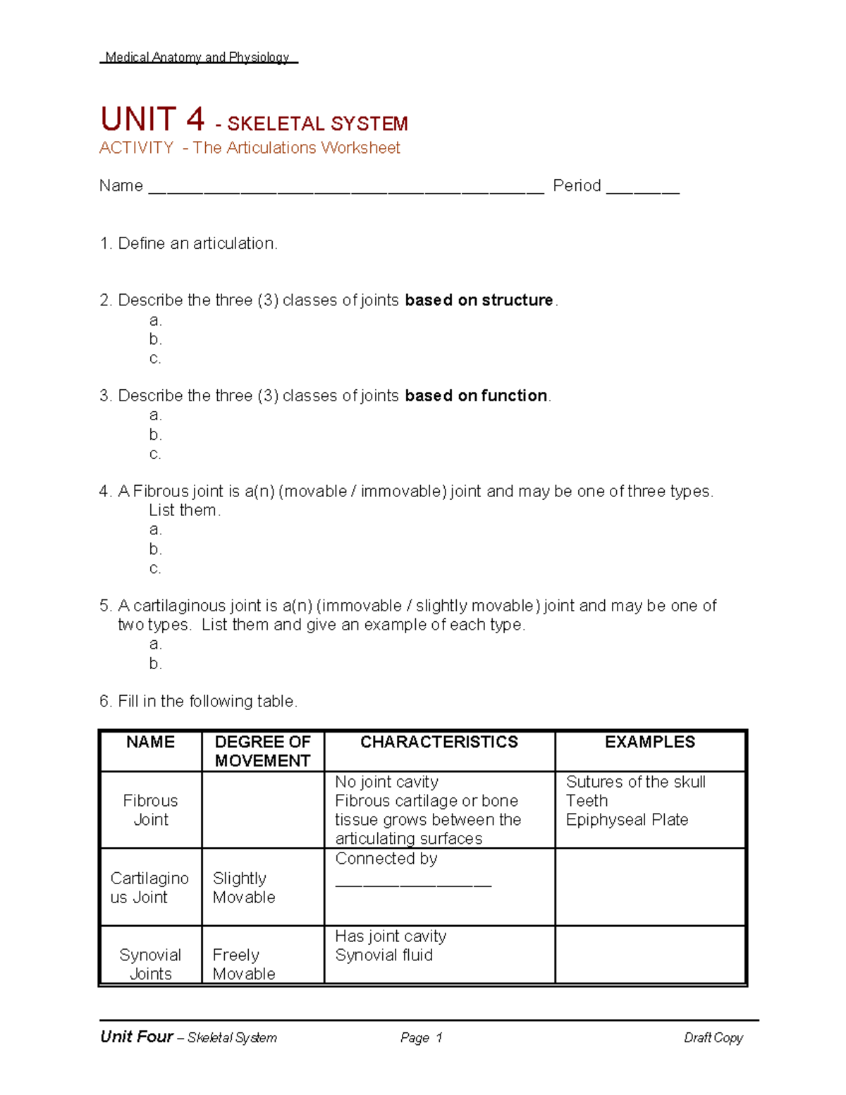 Articulations Worksheet Activity 02 - Skeletal System Overview - Studocu