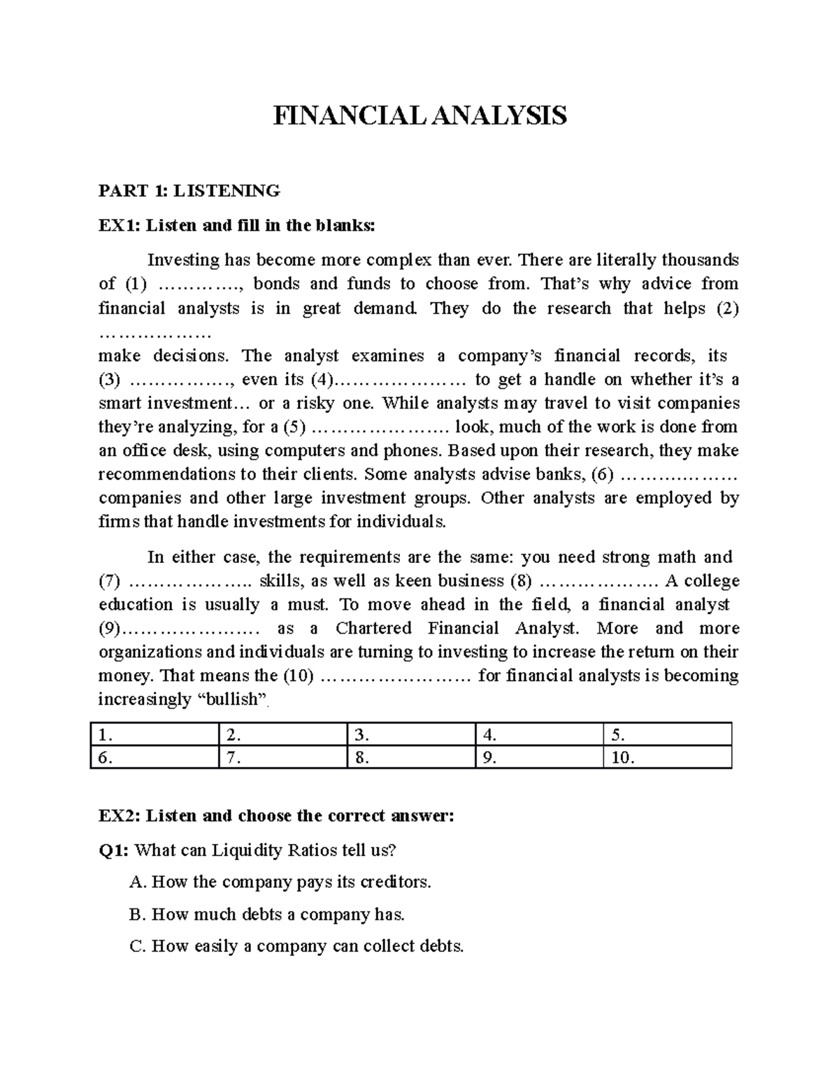 BÀI TẬP - Financial Analysis Exercises and Review - Studocu