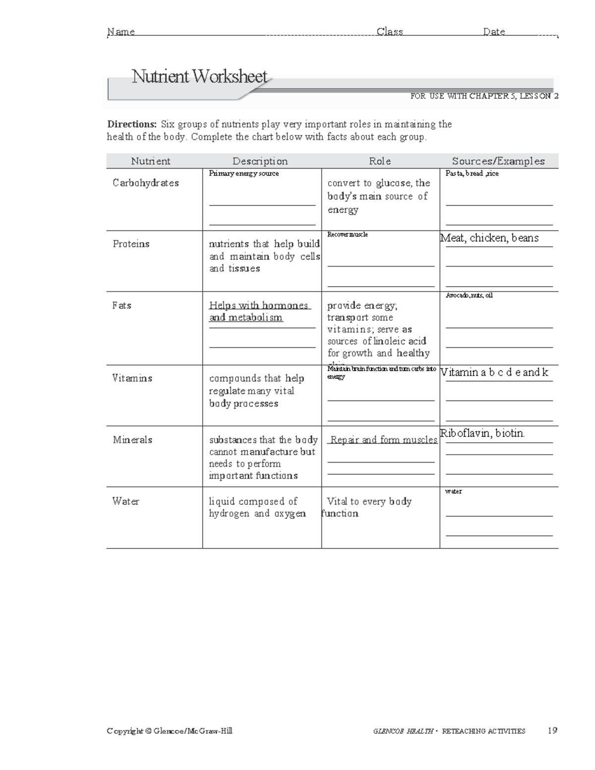 Nutrient Worksheet - Chapter 5, Lesson 2 Overview - Studocu