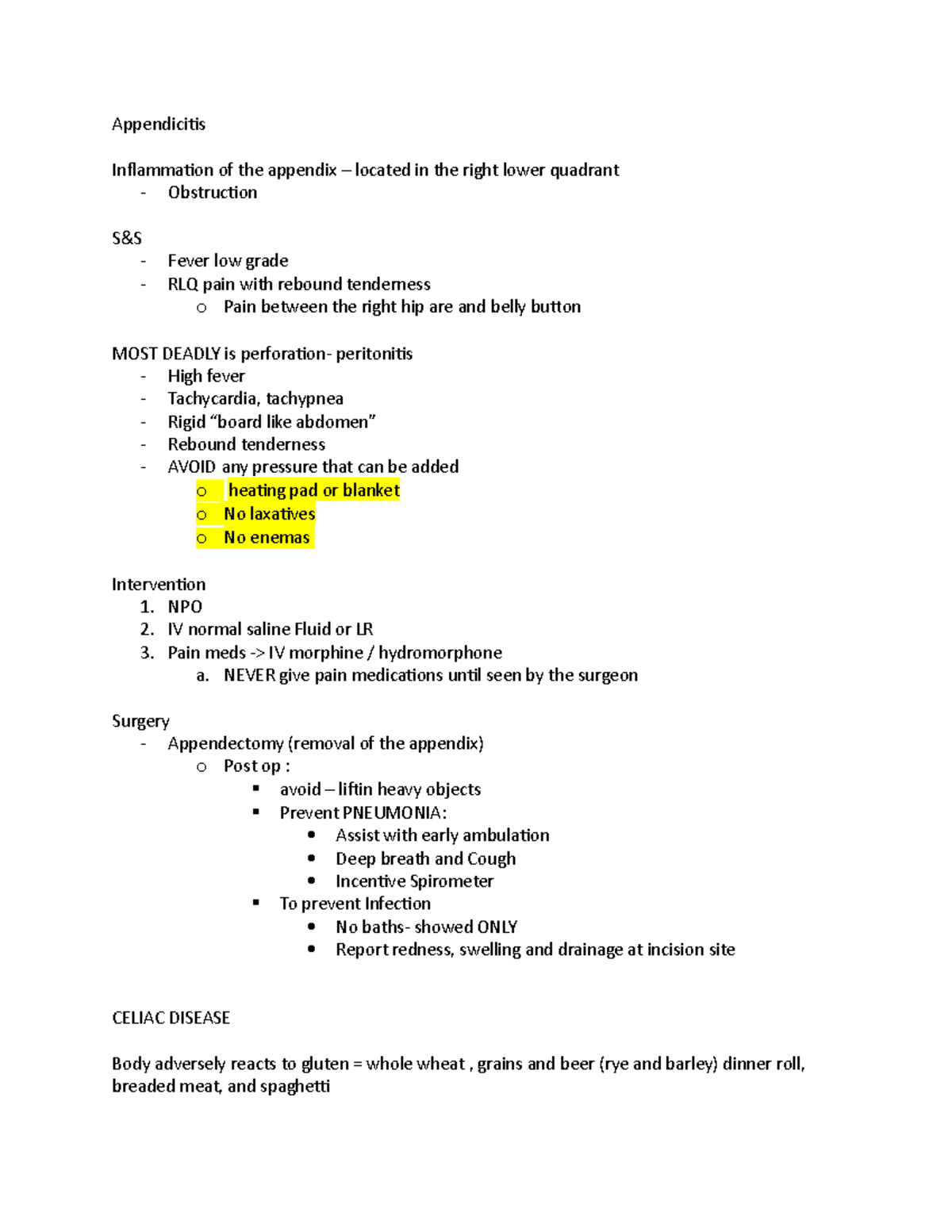 Med Surg Exam 3: Key Concepts on Appendicitis, Celiac Disease, and GI ...