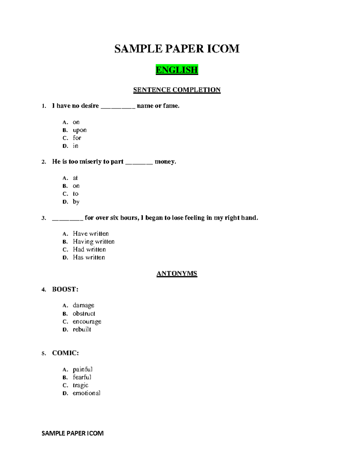 SAMPLE PAPER ICOM: English Sentence Completion & Analytical Reasoning ...