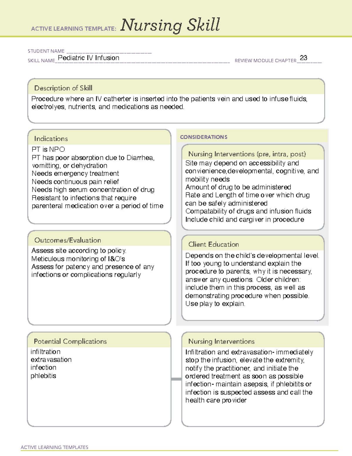 Pediatric IV infusion ATI - ACTIVE LEARNING TEMPLATES Nursing Skill ...