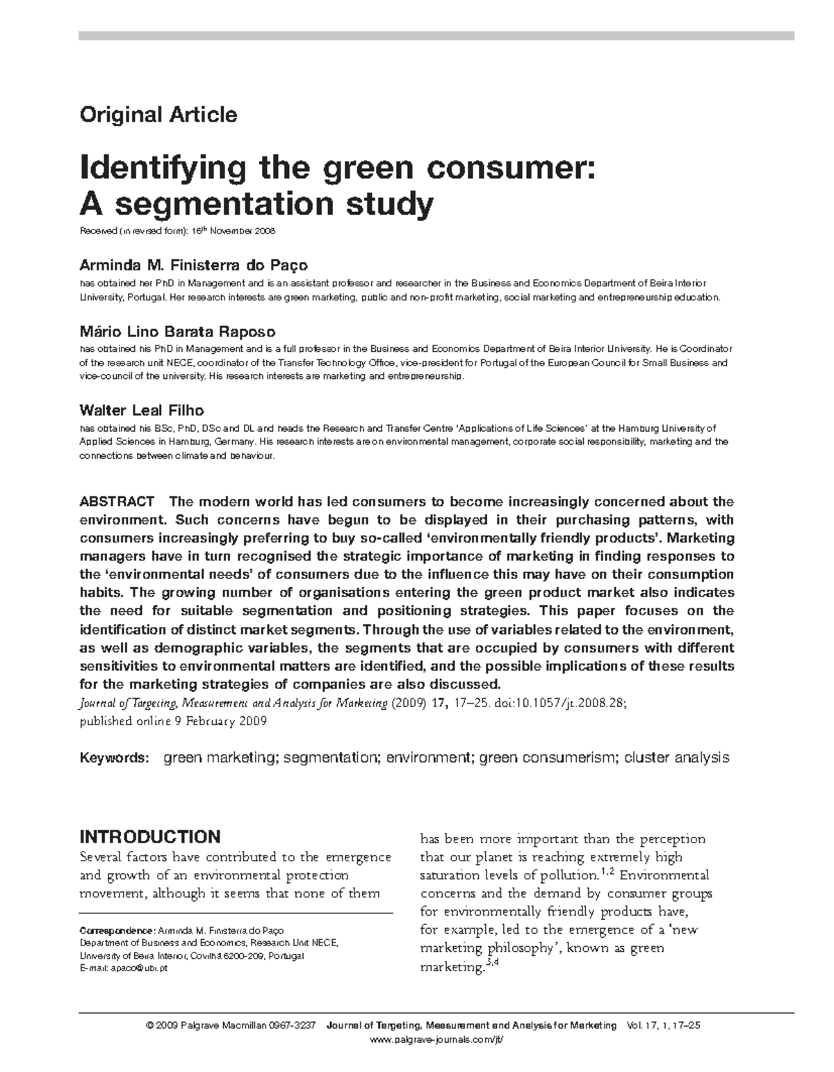 Green Consumer Segmentation Study: Identifying Market Segments - Studocu