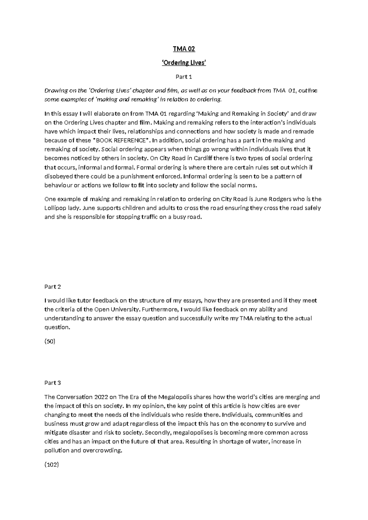 TMA 02 - Copy - TMA 02 essay complete - TMA 02 ‘Ordering Lives’ Part 1 ...