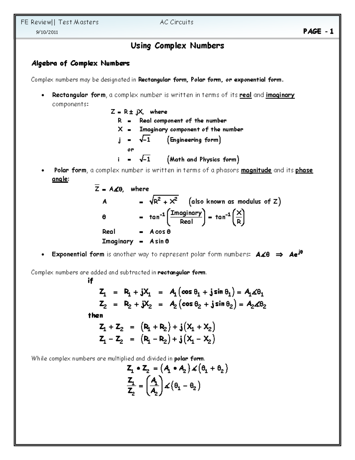 TM FE2 AC - Complex Numbers and Resonance in AC Circuits - Studocu