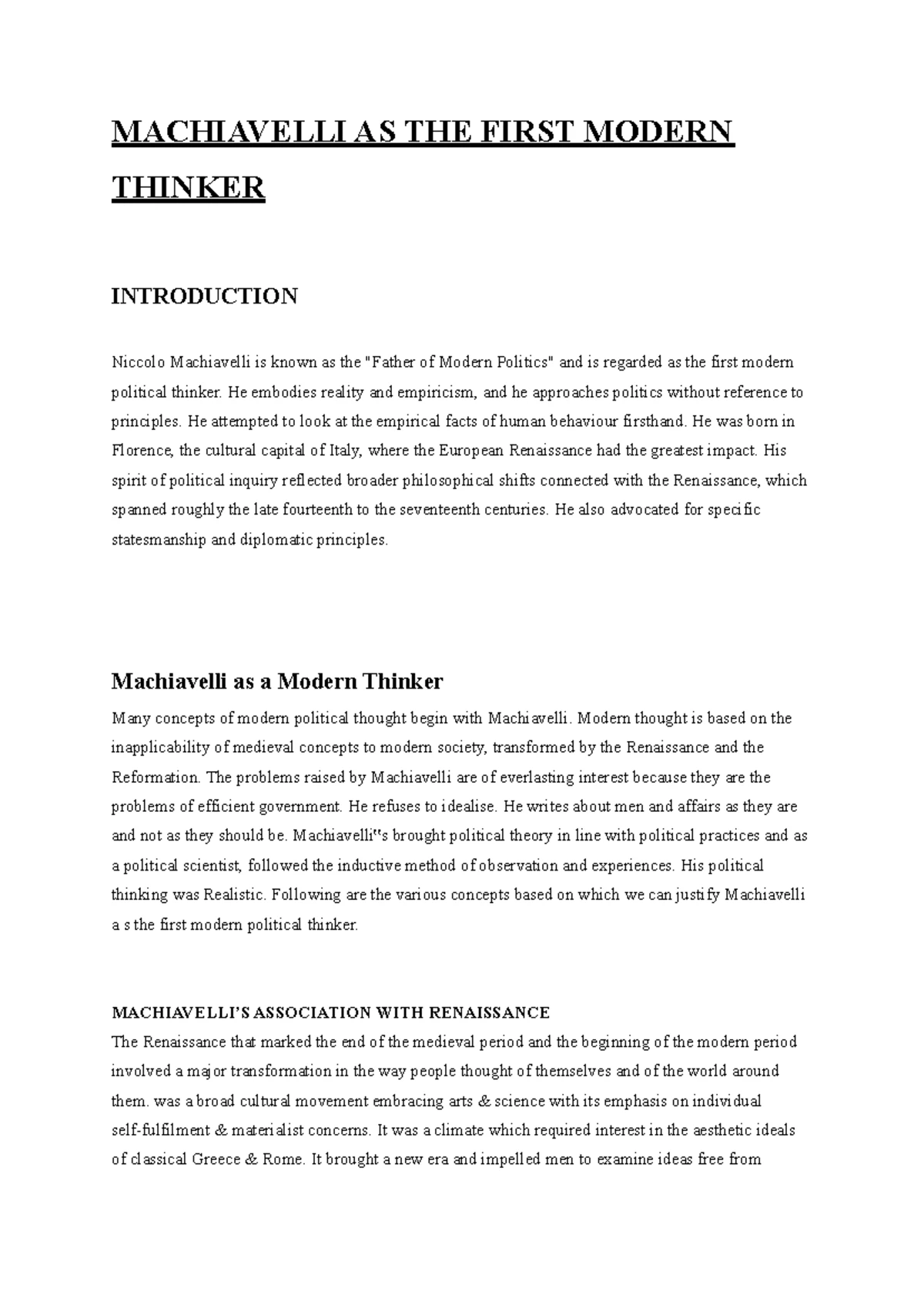 Machiavelli as the first modern thinker - MACHIAVELLI AS THE FIRST ...